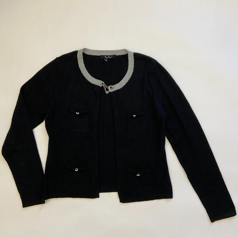 Eci Black Silk Angora Beaded Open Cardigan Sweater - Gem